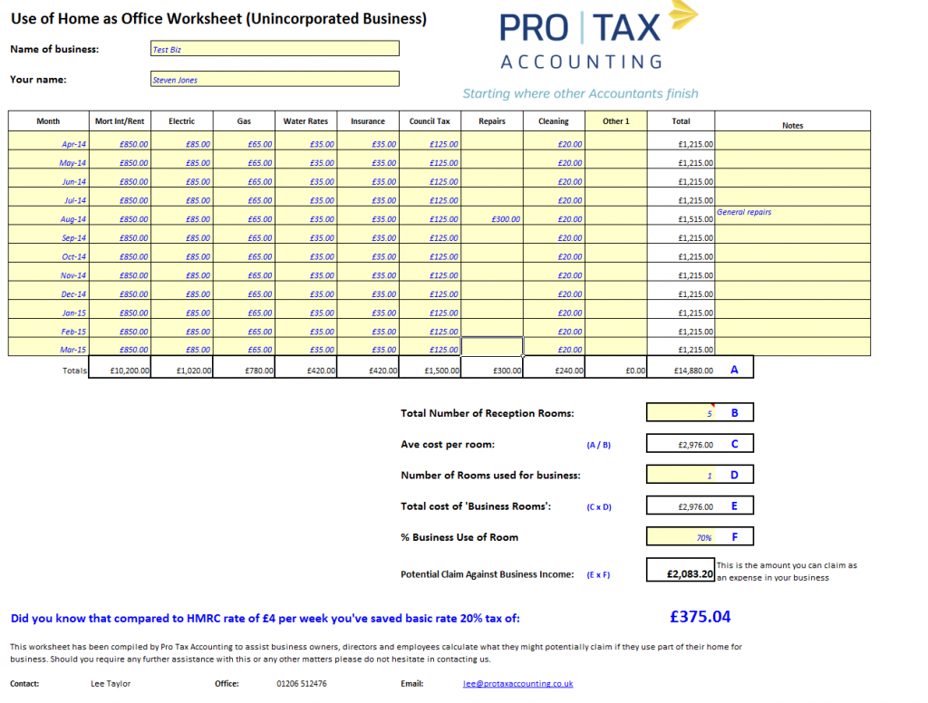 Use of home Worksheet for SE - Pro Tax Accounting – Accountant Colchester